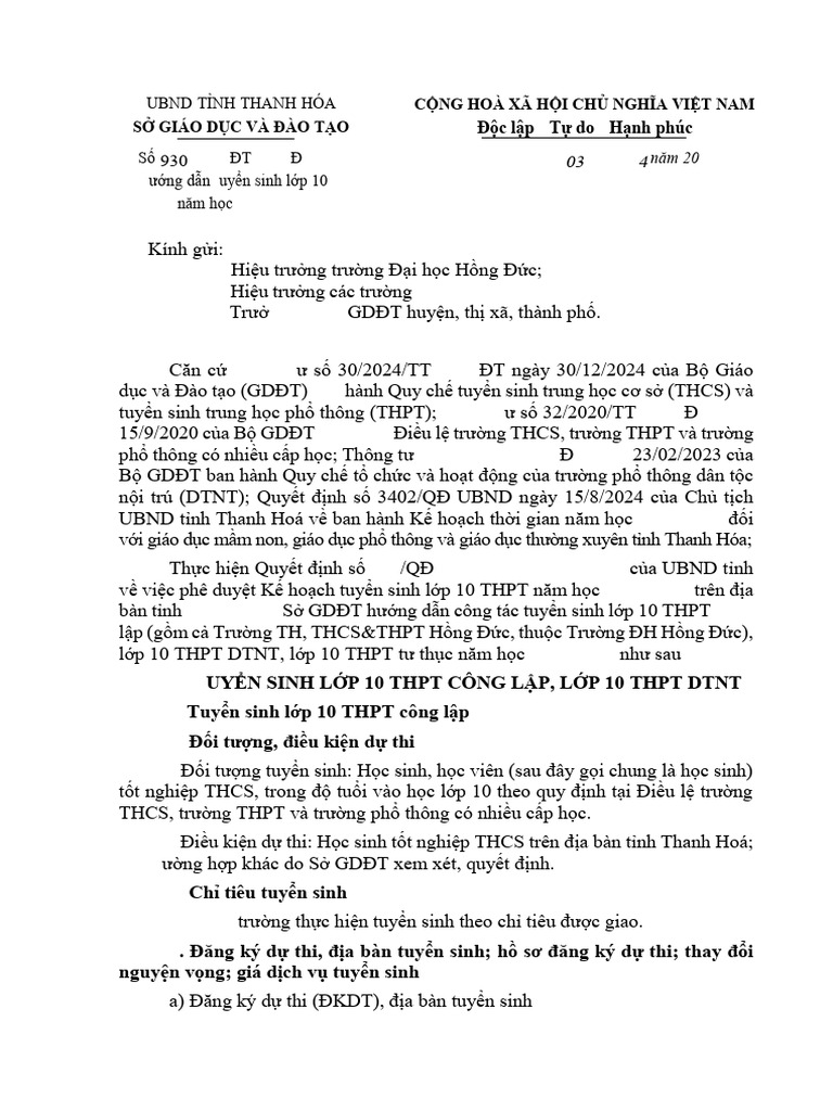 CV 930 SGD Huong DanTS Lop 10 THPT Nam Hoc 2025 2026 | PDF