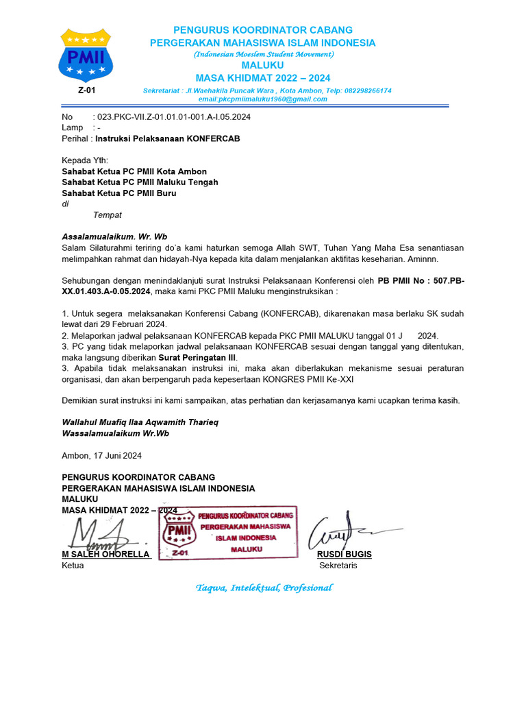 SURAT INSTRUKSI PKC PMII MALUKU | PDF