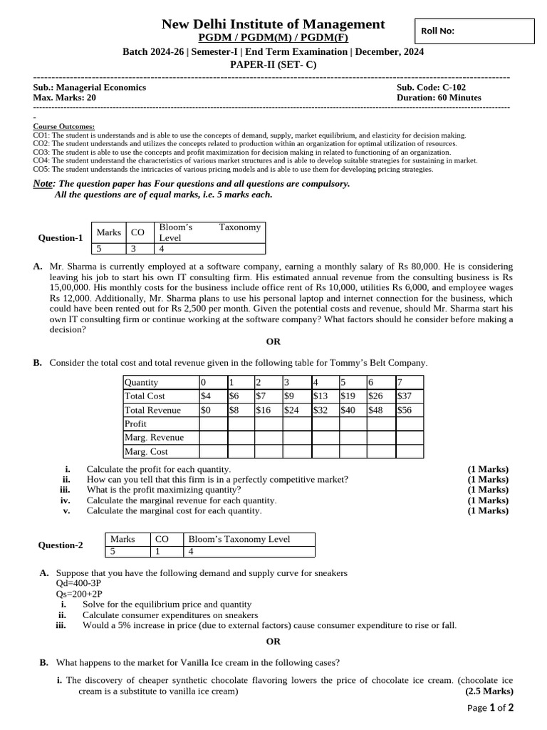 Managerial Economics Exam December 2024 | PDF | Profit (Economics ...