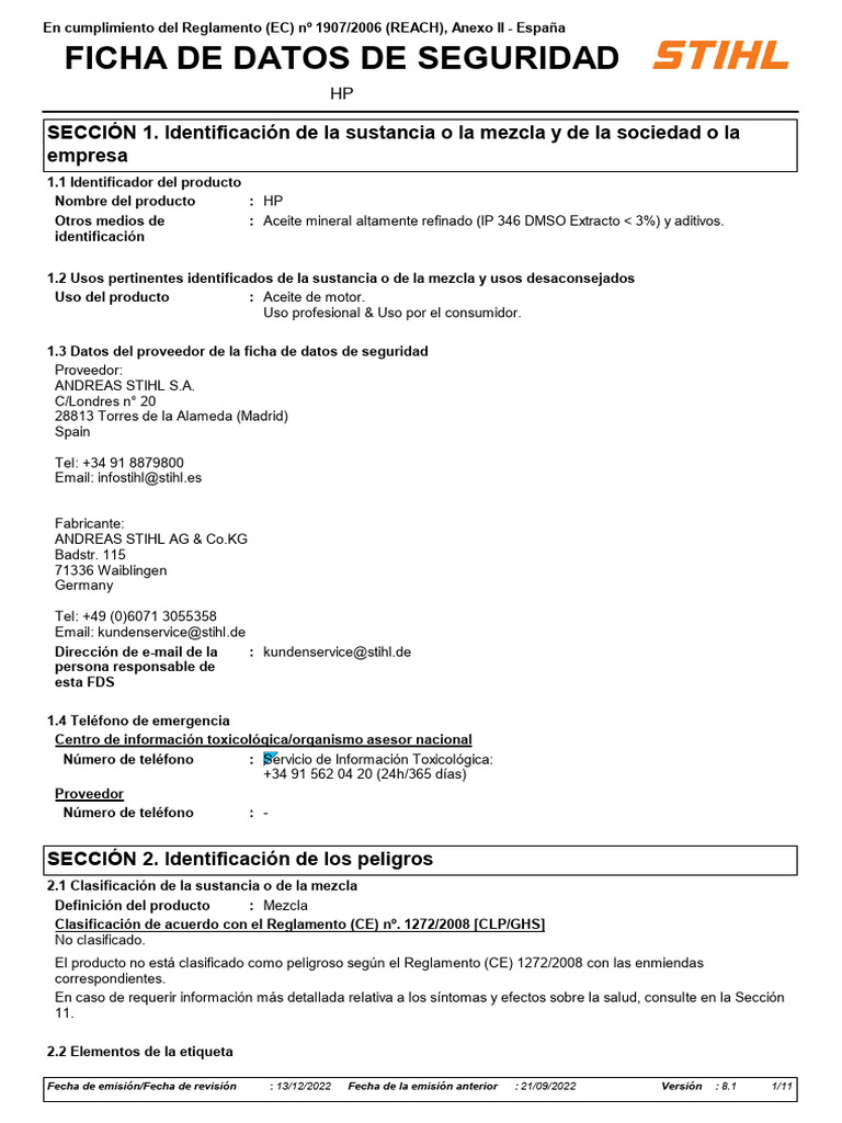 FDS Aceite Motor | PDF | Residuos | Toxicidad