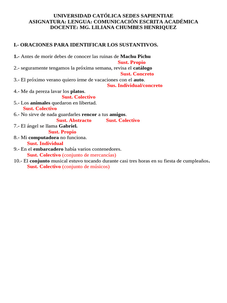 Ejercicios Del Sustantivo para La Clase. | PDF