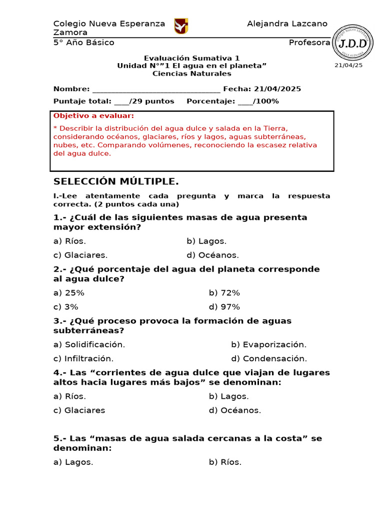 Eval.1 U1 5° 2025 | PDF | Agua | Océanos