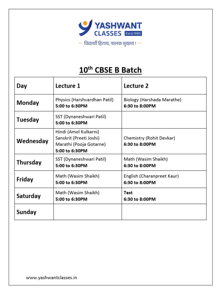 10th CBSE B Batch Weekly Schedule | PDF