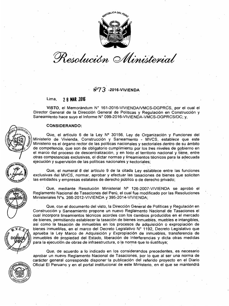 RM - 073-2016-Vivienda-Reglamento Nacional de Tasaciones | PDF | Aeronave | Valoración (Finanzas)