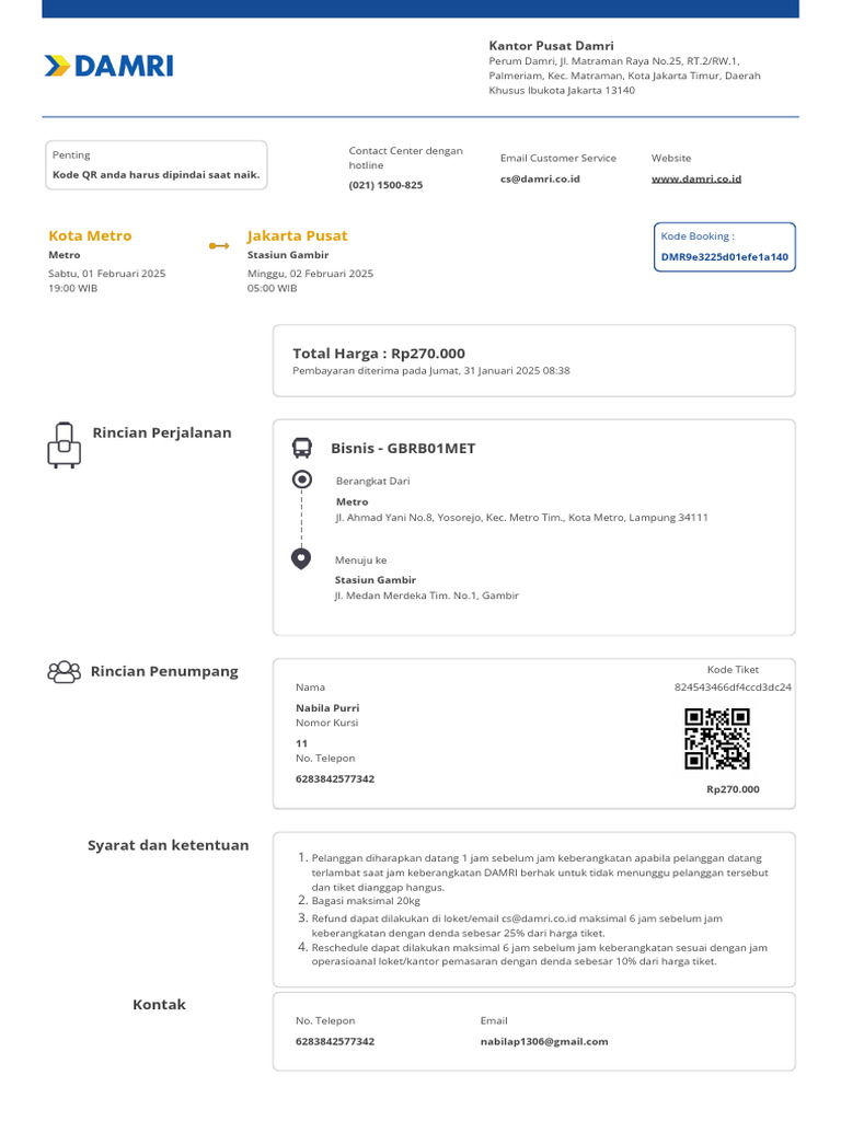 Rincian Tiket Damri Jakarta-Metro | PDF