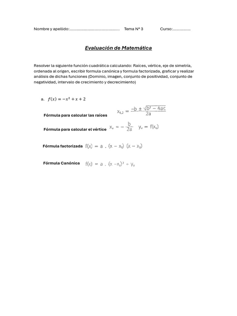 Evaluvcion Función Cuadratica Tema 3 | PDF