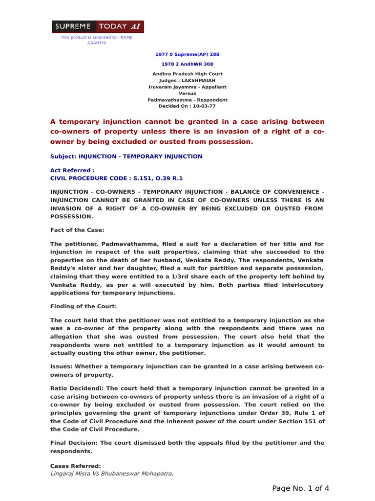 Iruvaram Jayamma Vs Padmavathamma - 1977 0 Supreme (AP) 288 - Supreme | PDF | Injunction | Lawsuit