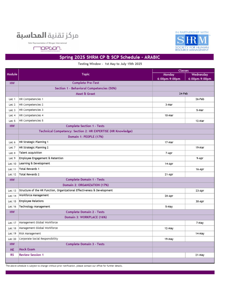 Spring 2025 SHRM CP & SCP Schedule | PDF | Organizational Behavior | Human Resource Management