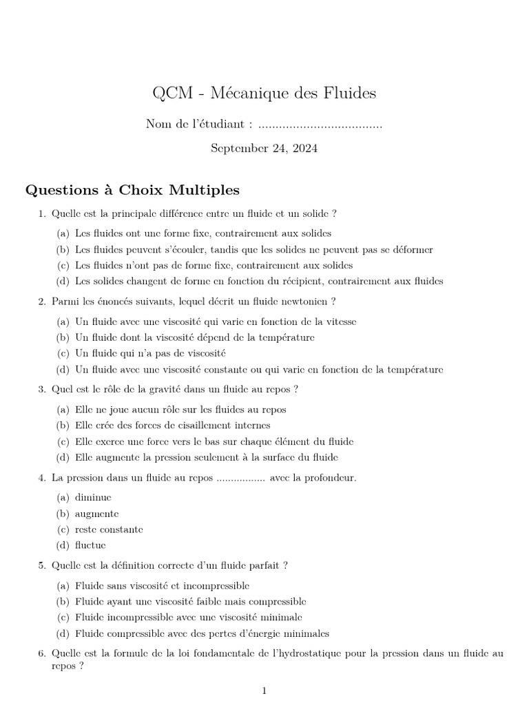 QCM - Mécanique Des Fluides: Questions À Choix Multiples | PDF | Fluide ...
