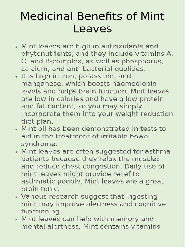 Medicinal Benefits of Mint Leaves | PDF
