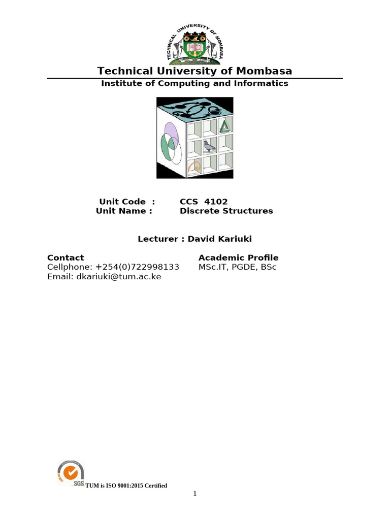 CCS 4102 DISCRETE STRUCTURES General Introduction AND COURSE OUTLINE | PDF | Discrete ...
