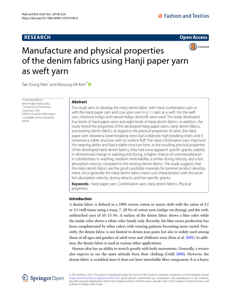 Manufacture and Physical Properties of The Denim Fabrics Using Hanji ...