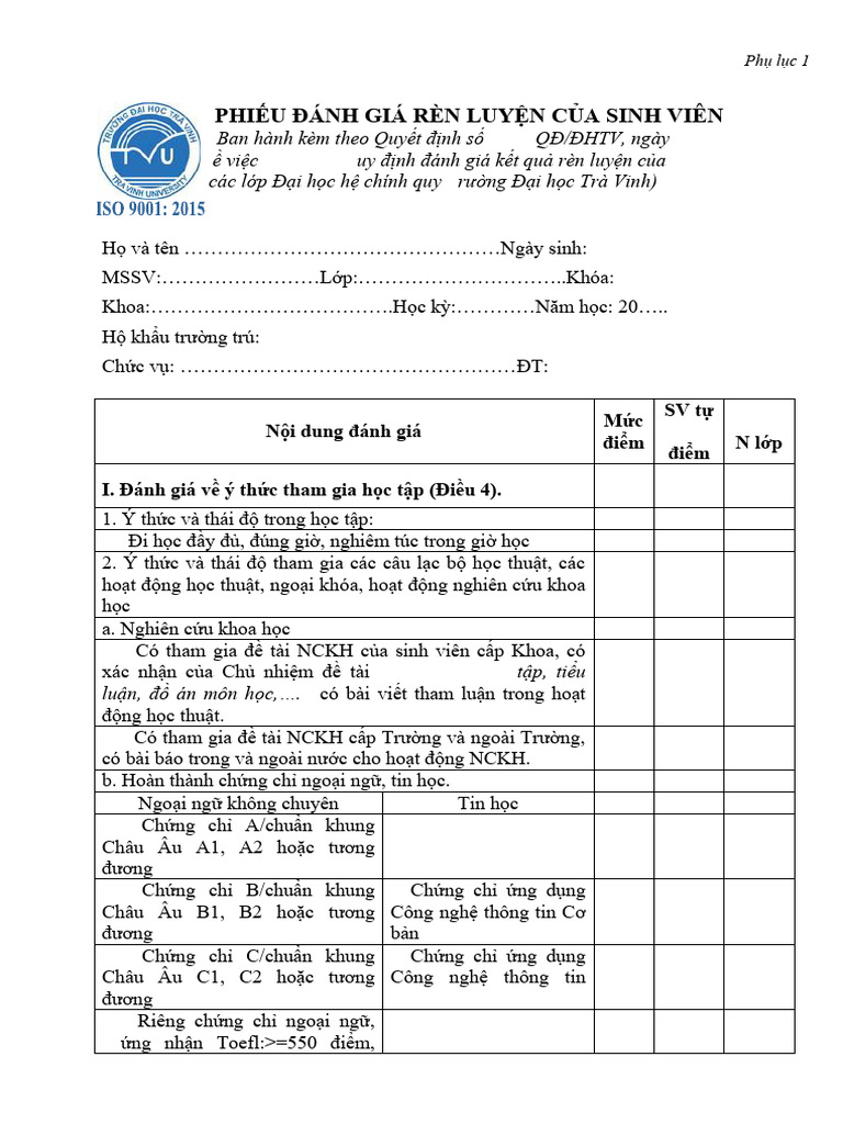 Phieu Diem Ren Luyen SV | PDF