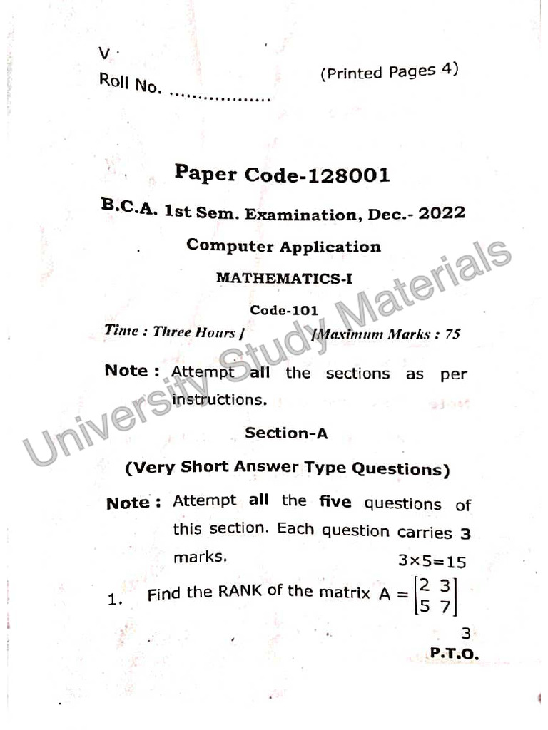 BCA (1st Sem) Mathematics-I (Dec-2022) | PDF