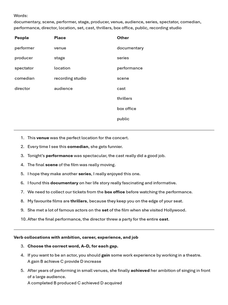 Entertainment Vocabulary List | PDF