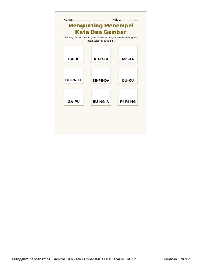 Menggunting Menempel Gambar Dan Kata Lembar Kerja Hijau Kream Cat Air | PDF