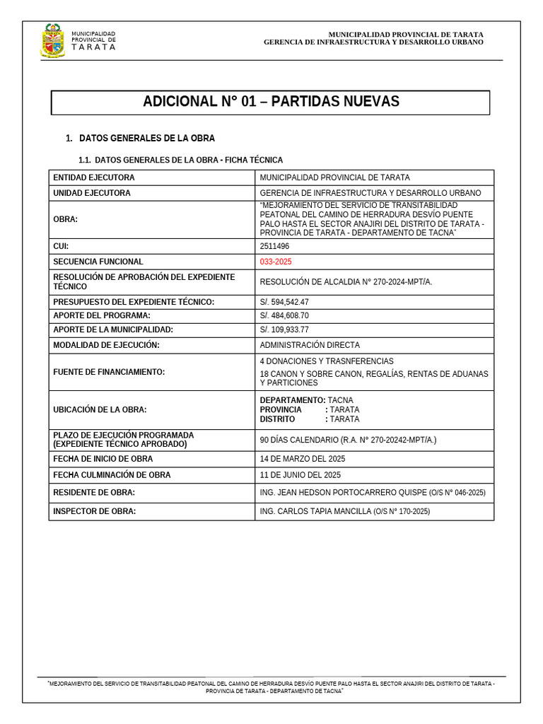 Memoria Descriptiva Adicional #01 Por Partidas Nuevas | PDF | Presupuesto | Ciencias de la Tierra
