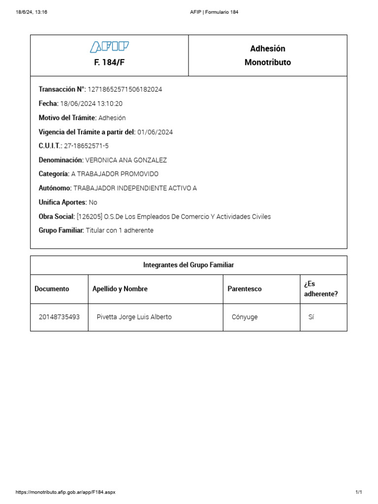 AFIP Formulario 184 | PDF