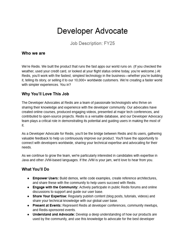 (FY25) Developer Advocate Job Description | PDF | No Sql | Databases
