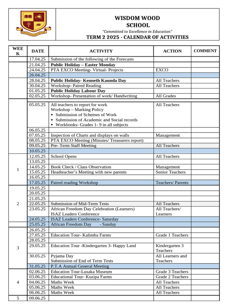TERM 2 CALENDAR OF ACTIVITIES 2025 Edited | PDF | Entertainment Events ...