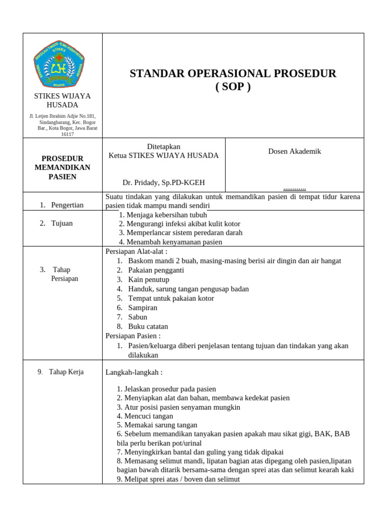 SOP Memandikan Pasien di STIKES Wijaya | PDF