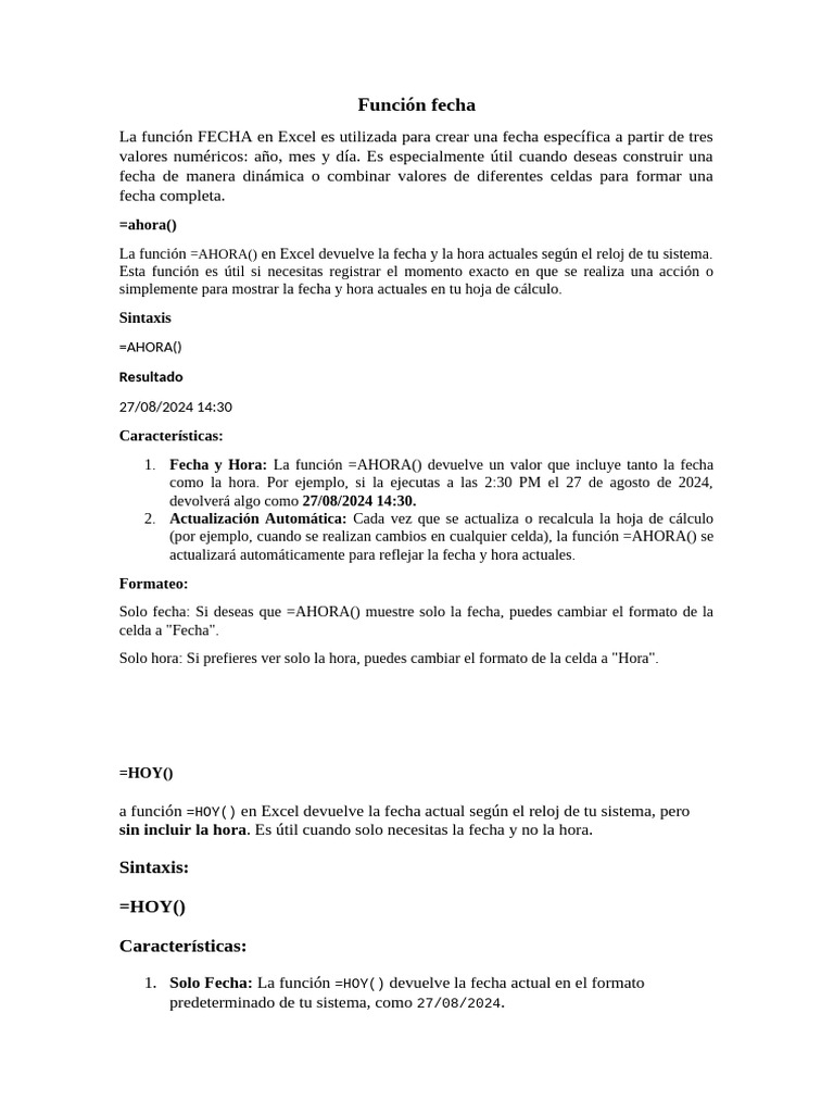 Funciones de Fecha en Excel: FECHA, AHORA y HOY | PDF