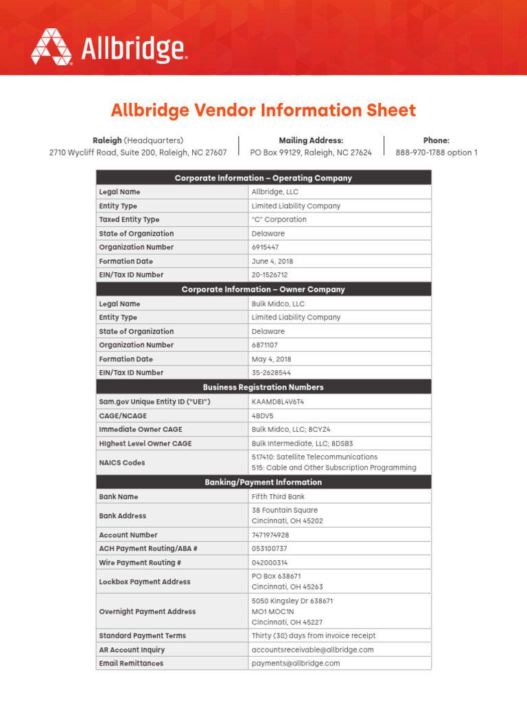 Allbridge Vendor Information Sheet | PDF | Limited Liability Company ...