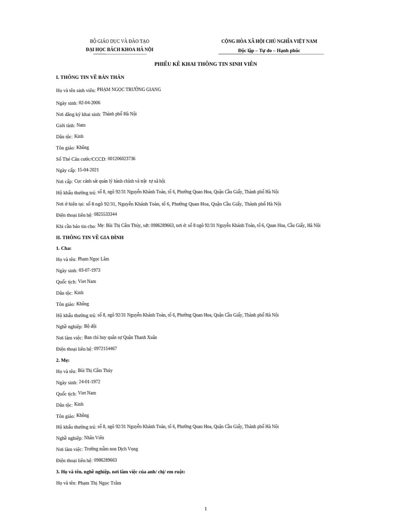 Phieu Ke Khai Thong Tin Sinh Vien | PDF