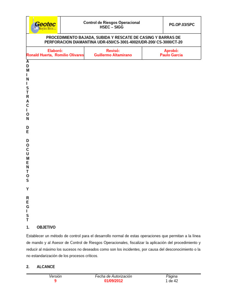 PG.OP.03.SPC Bajada y subida de Casing y Barras de perforación DDH UDR ...
