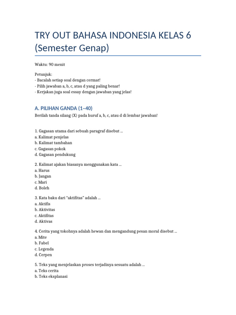 TRY_OUT_BAHASA_INDONESIA_KELAS_6_GENAP | PDF