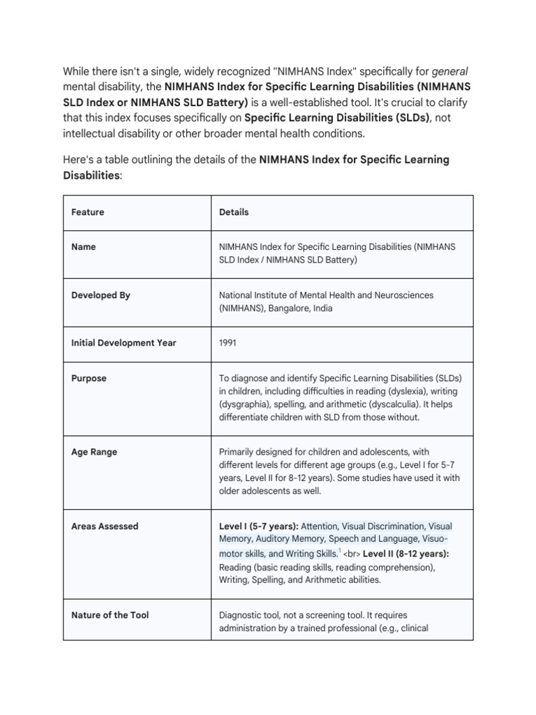 Details in tabular form - Nimhans Index | PDF | Learning Disability ...