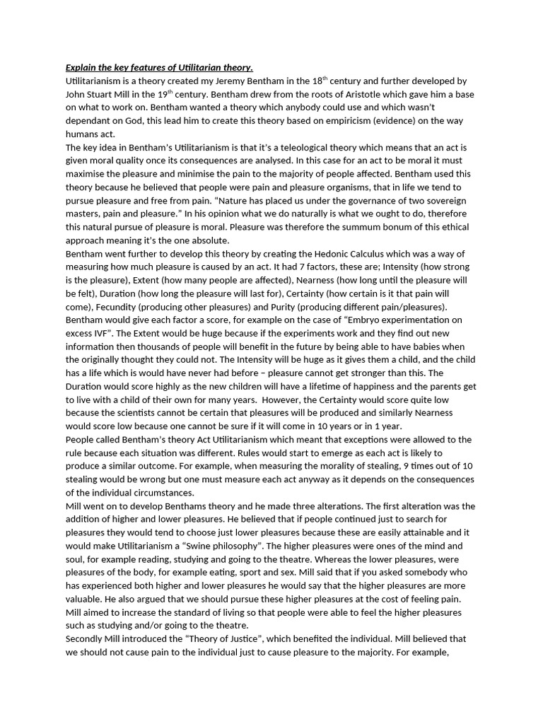 Explain The Key Features of Utilitarian | PDF | Utilitarianism | Pleasure