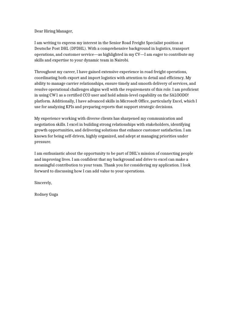 Senior Road Freight Specialist Cover Letter | PDF