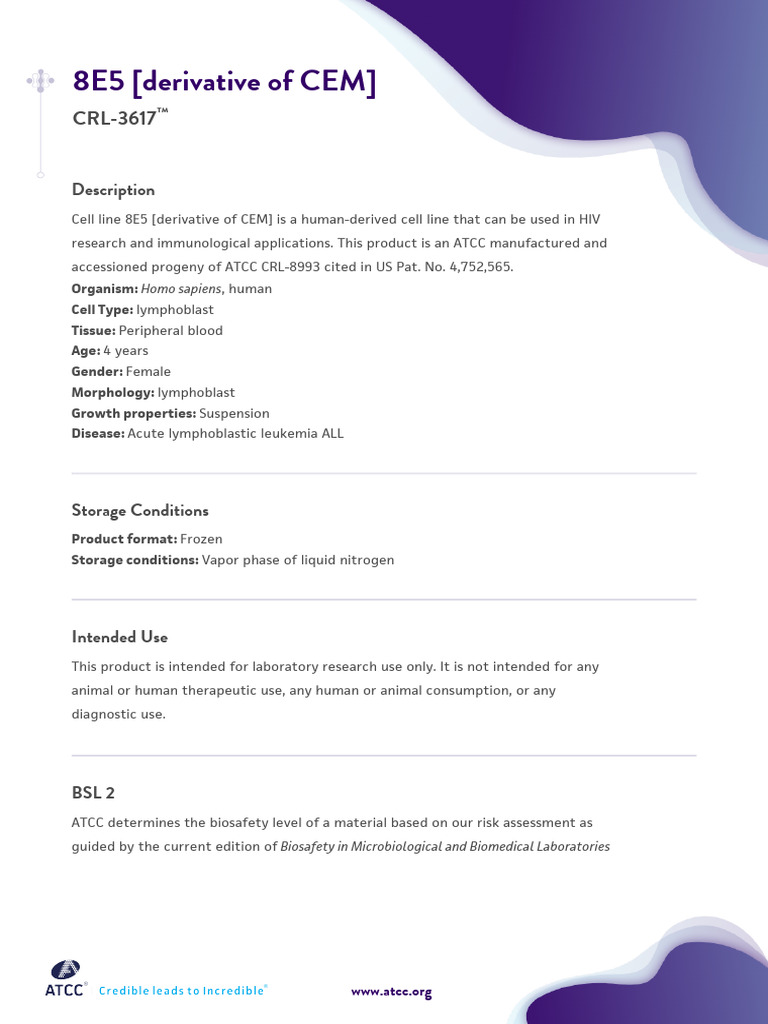 CRL-3617 Product Sheet - 8E5 (Derivative of CEM) | PDF | Atcc (Company) | Water
