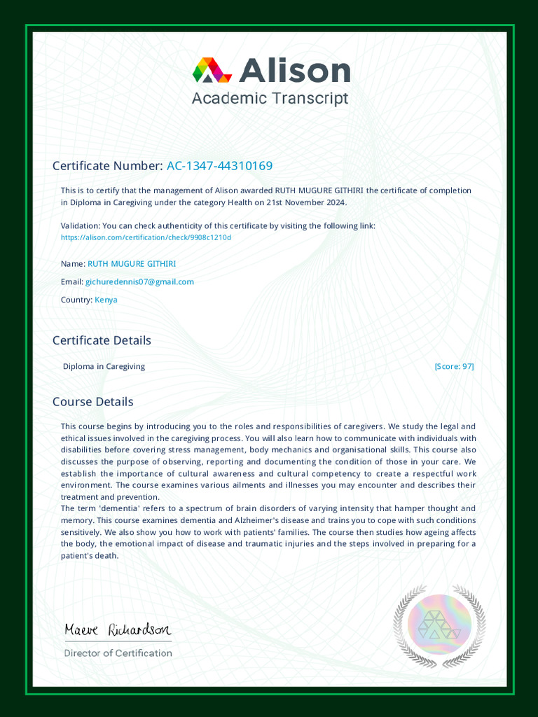 Diploma in Caregiving Certificate Awarded | PDF