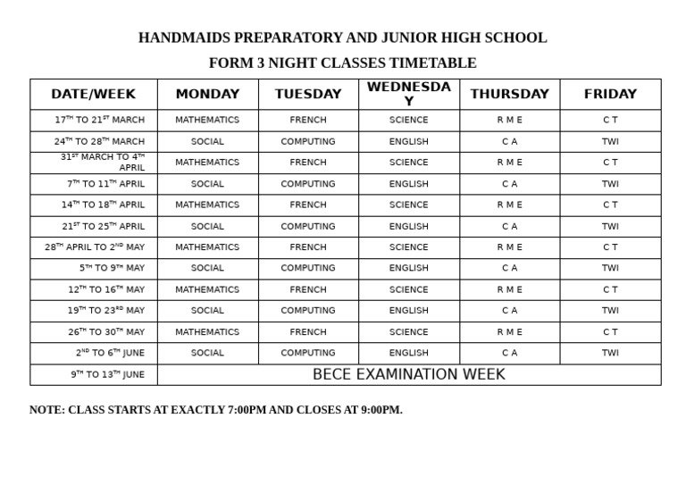 JSS3 BECE Night Classes Timetable 2025 | PDF