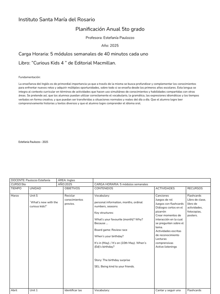 Planificación Anual 5to Grado (2025) | PDF | Evaluación | Aprendizaje