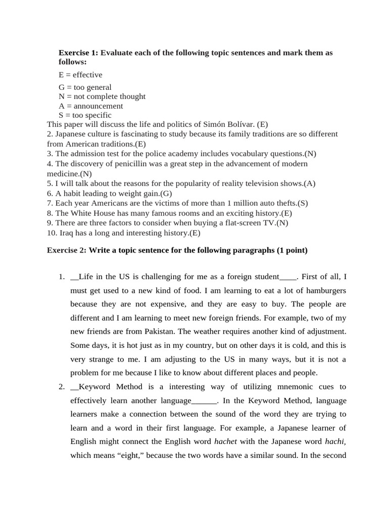 Writing Topic Sentences Exercises | PDF | Tropical Cyclones | Storms