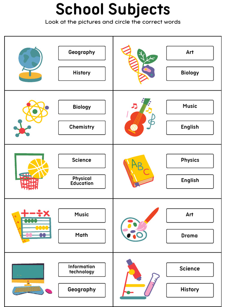 White Colorful Fun School Subjects Vocabulary Worksheet | PDF