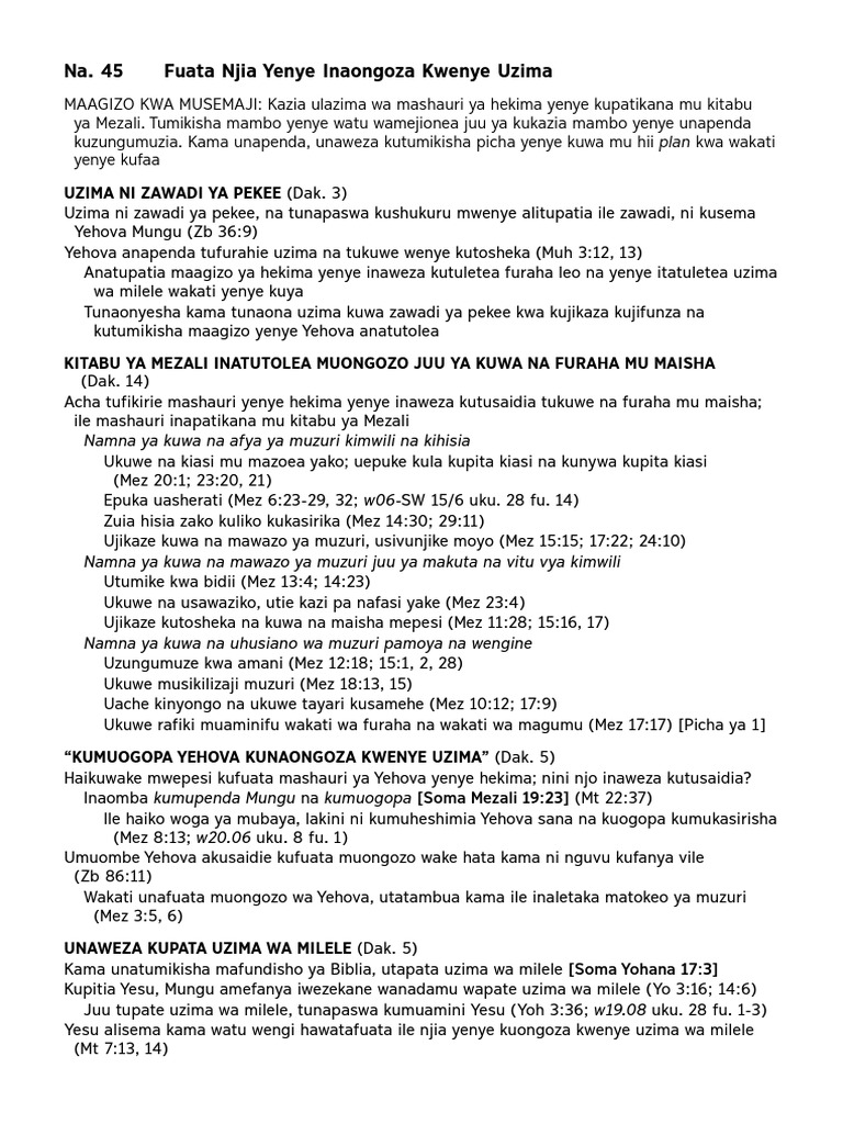 Na. 45 Fuata Njia Yenye Inaongoza Kwenye Uzima: Uzima Ni Zawadi Ya ...