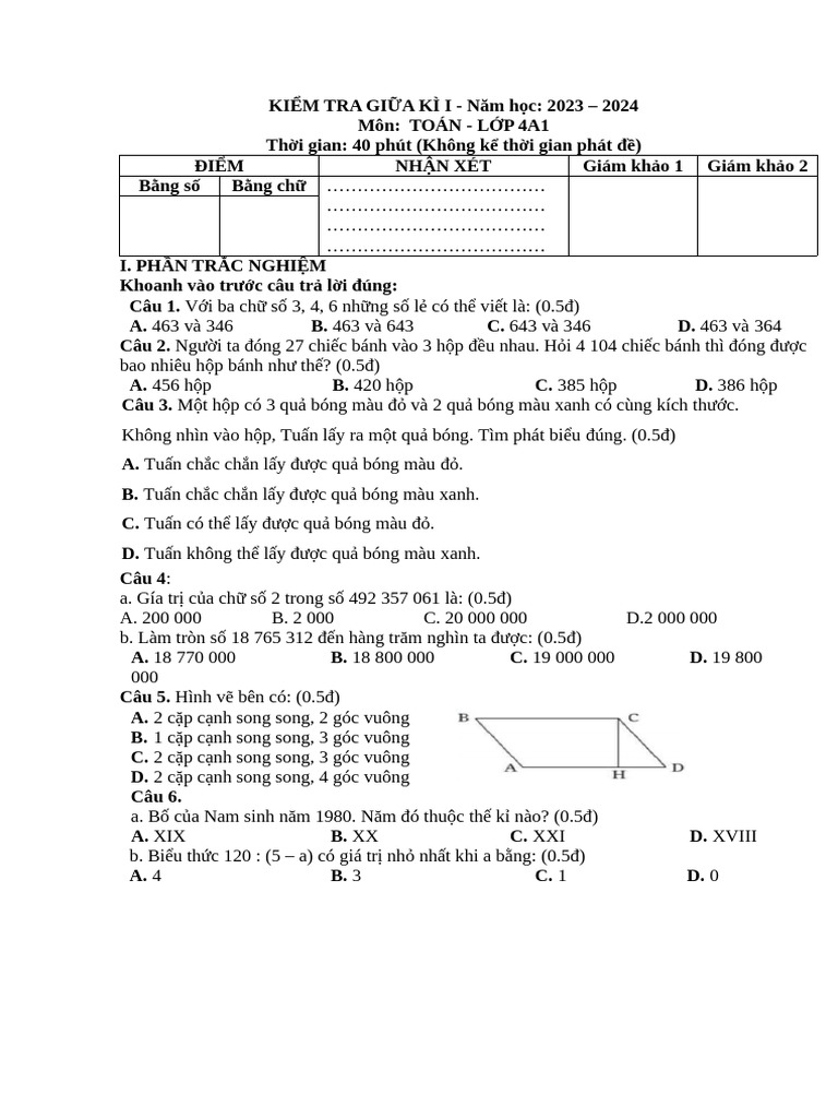 TOÁN CK1 - Lớp 4 | PDF