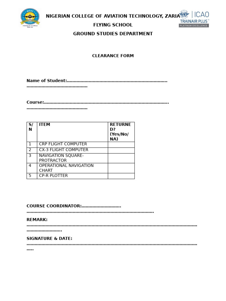 NCAT Flying School Clearance Form | PDF