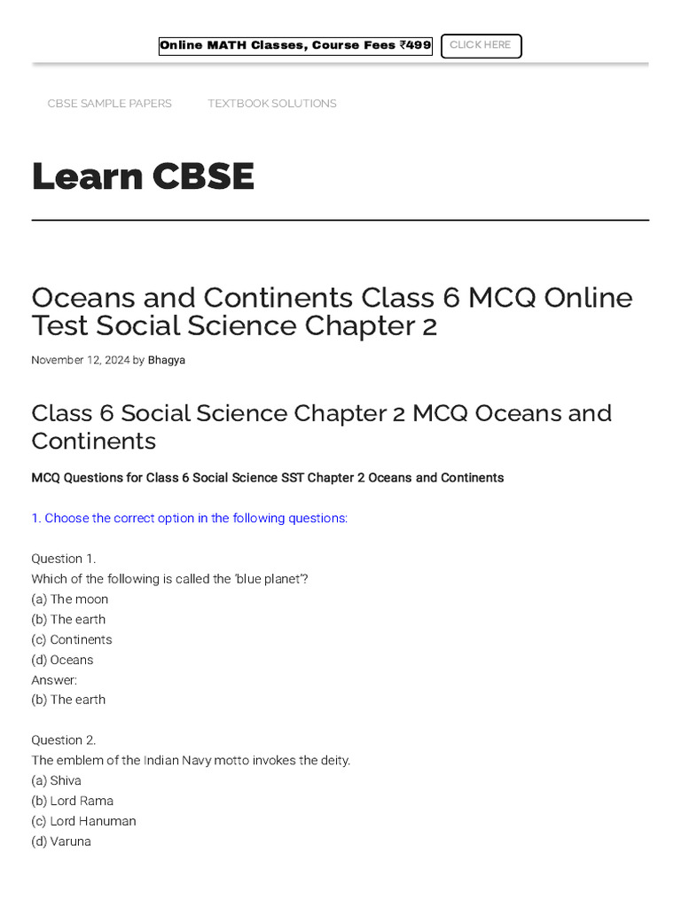 Class 6 MCQs on Oceans and Continents | PDF | Oceans | Earth