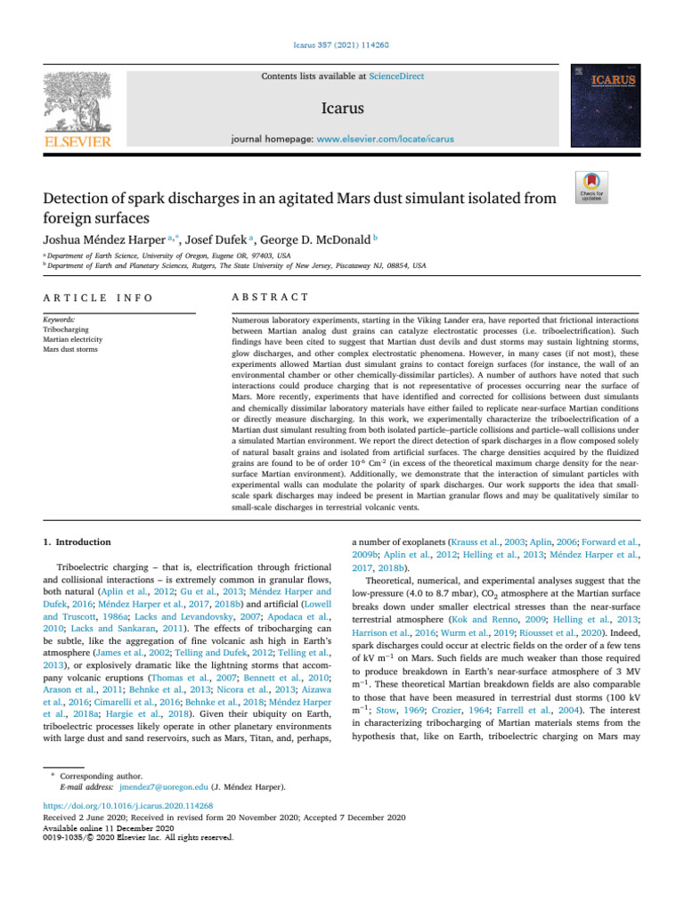 Spark Discharges in Martian Dust Simulant | PDF | Mars | Electrostatic ...