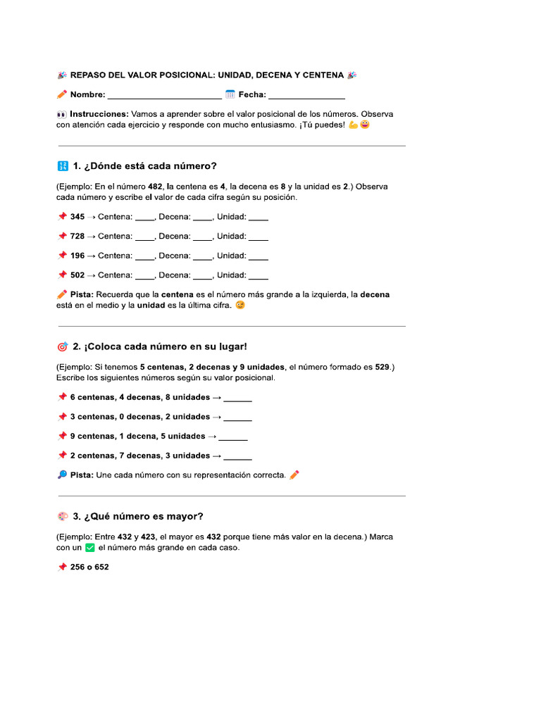 ? Repaso Del Valor Posicional | PDF