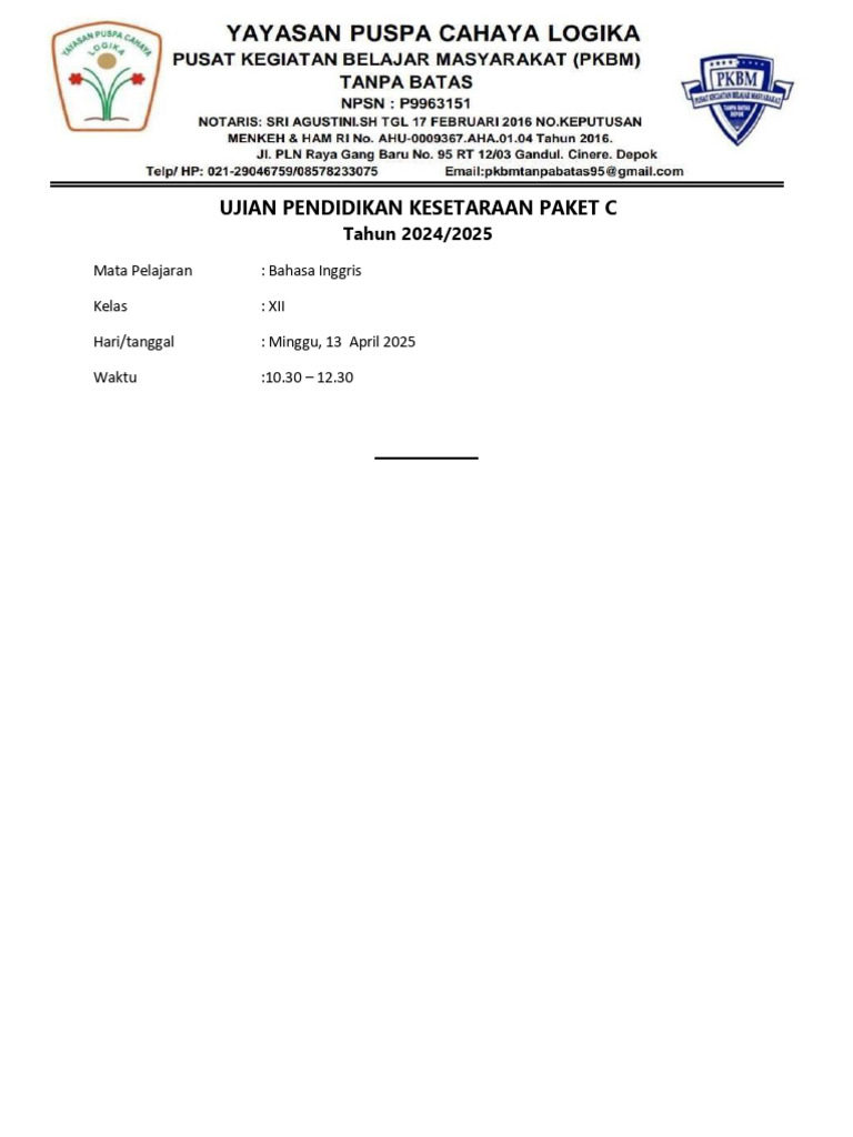 SOAL UPK PAKET C Bahasa Inggris 2025 | PDF | Teaspoon | Spoon