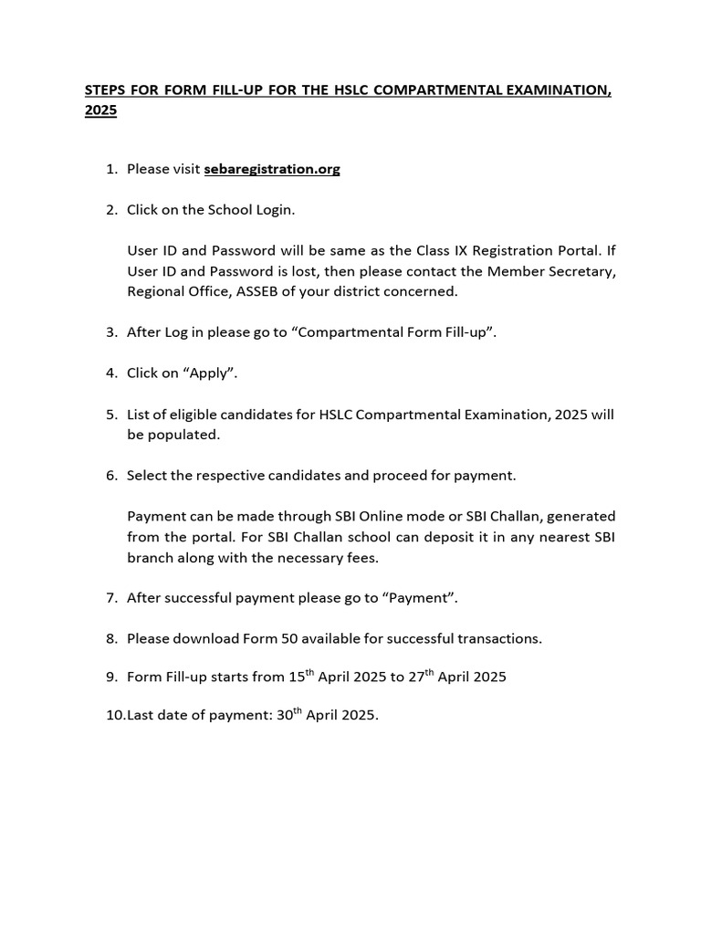 STEPS FOR FORM FILLUP - HSLC Compartmental Exam 2025 | PDF