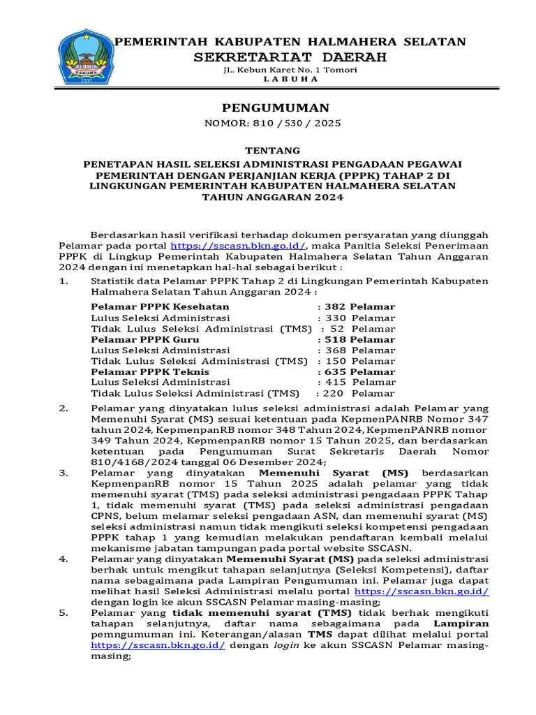 Pengumuman PRA SANGGAH PPPK TAHAP 2 PEMKAB HALSEL TA 2024 | PDF