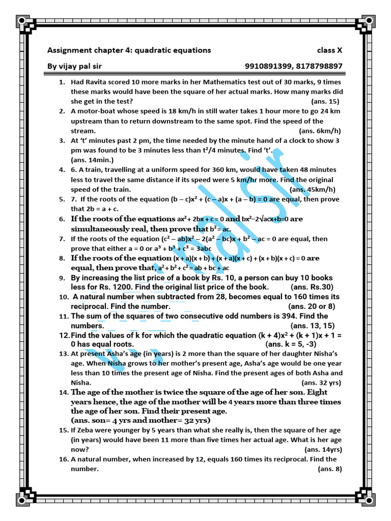 Assignment Chapter 4 Quadratic Equations Class X | PDF | Speed | Mathematics