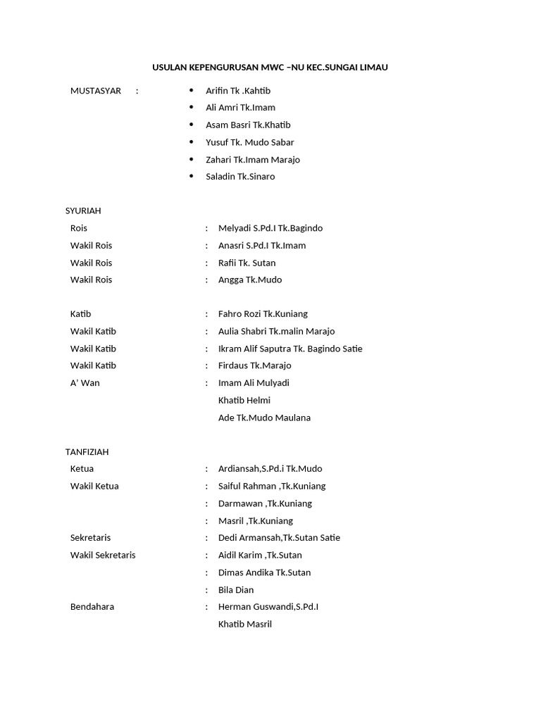 Usulan Kepengurusan MWC Sungai Limau | PDF